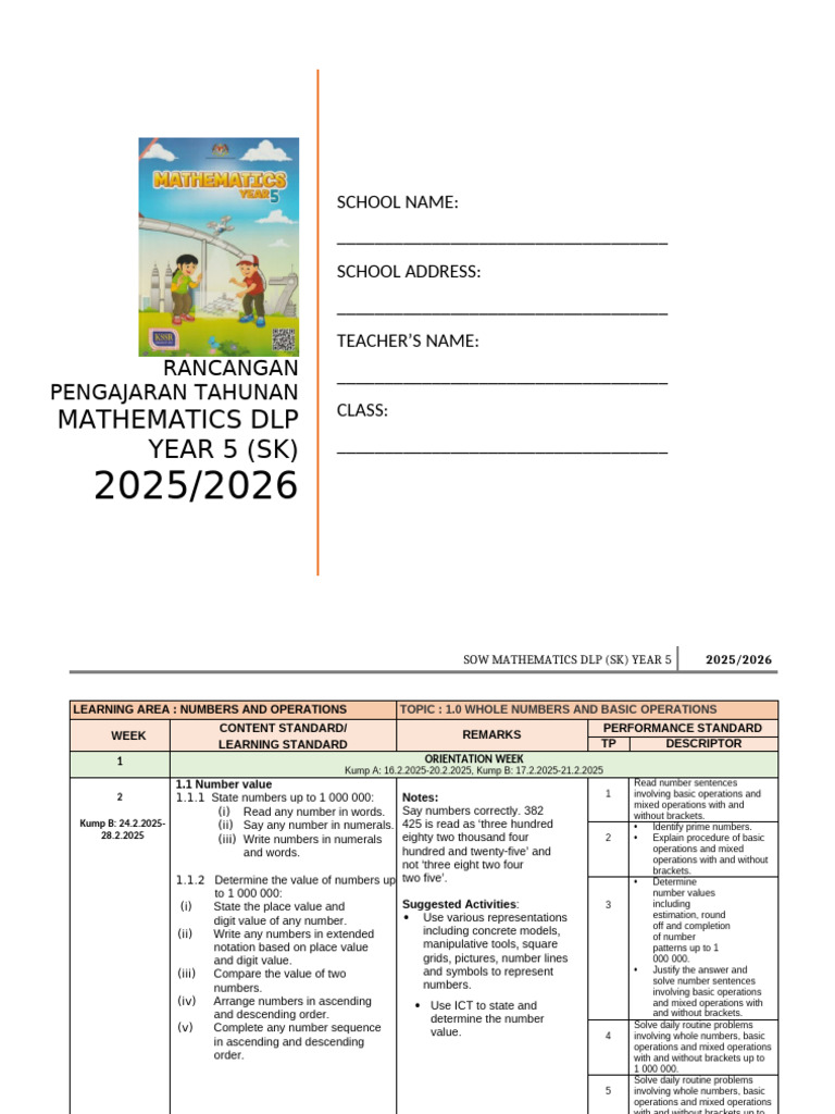 RPT MATH DLP YEAR 5 SK 2025 2026 by Rozayus Academy Kump B | PDF | Multiplication | Numbers
