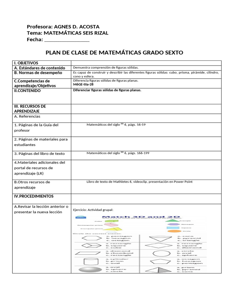 Plan de Clase: Figuras Sólidas y Planas | PDF | Geometría | Geometría euclidiana