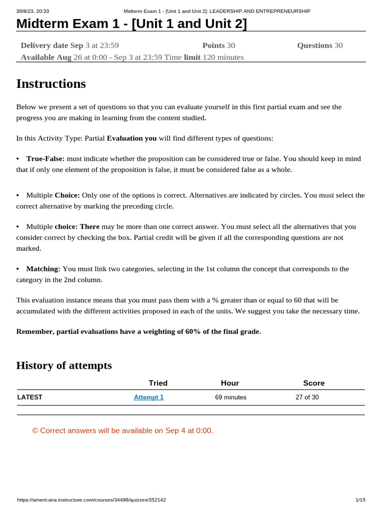 Midterm Exam 1 - Unit 1 and Unit 2 Leadership and Entrepreneurship ...