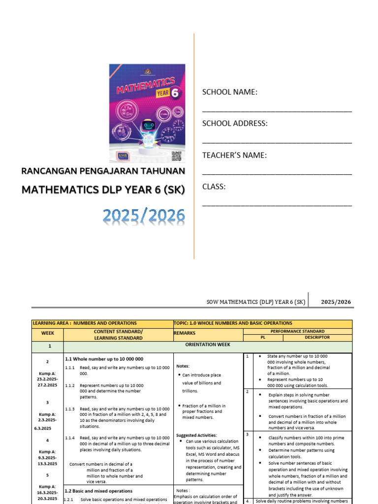 RPT MATH DLP YEAR 6 SK 2025 2026 by Rozayus Academy Kump A | PDF ...