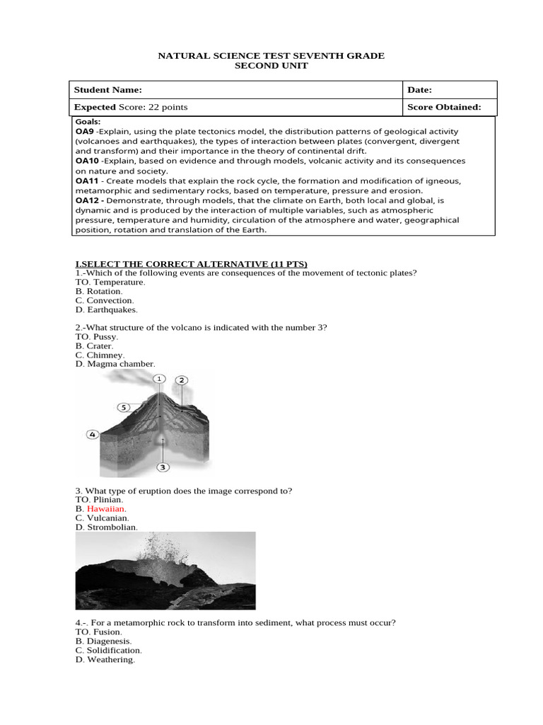 Seventh Grade Natural Science Test | PDF | Plate Tectonics | Rock (Geology)