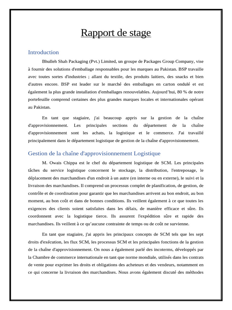 Rapport de Stage | PDF | Logistique | Gestion de la chaîne logistique