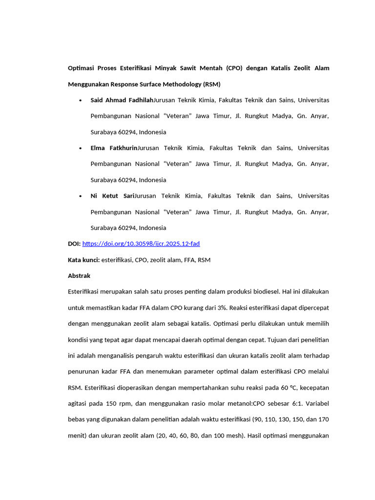 Optimasi Proses Esterifikasi Minyak Sawit Mentah (CPO) dengan Katalis Zeolit Alam Menggunakan ...