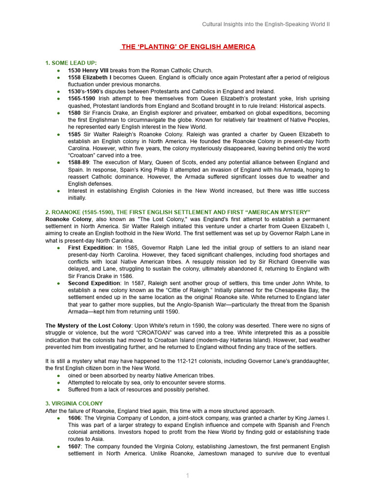 Early English Colonization Efforts | PDF | Roanoke Colony | Jamestown ...