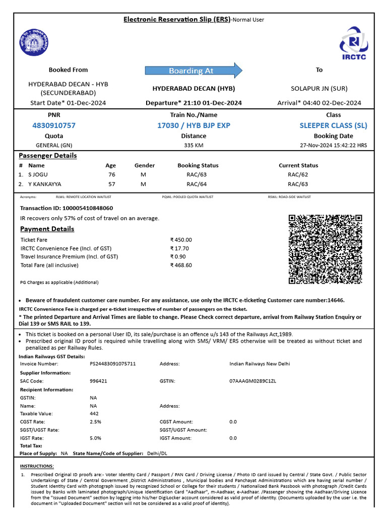 HYB TO SUR DT 01 12 2024 Satyanarayana Jogu 01 | PDF | Identity Document | Payments