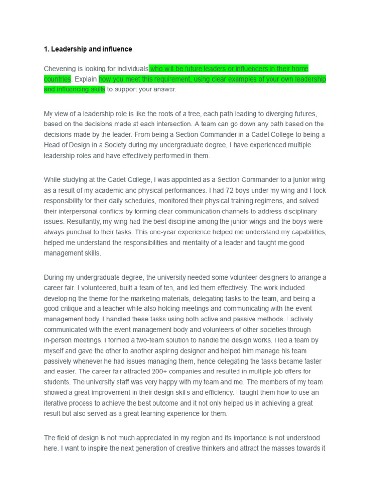 Chevening Scholarship Leadership Essay | PDF | Leadership | Design