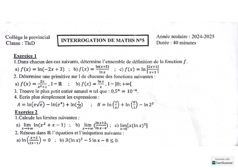 Interrogation maths Tle D Ln janvier 202 | PDF
