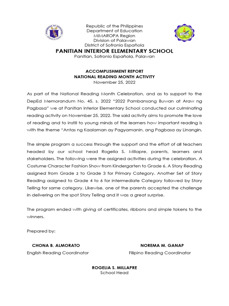 Panitian Interior ES-National Reading Month Narrative Report | PDF