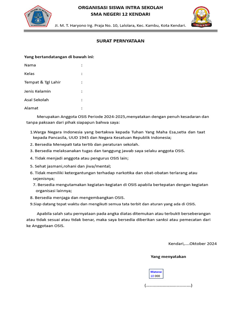 Surat Pernyataan Osis | PDF