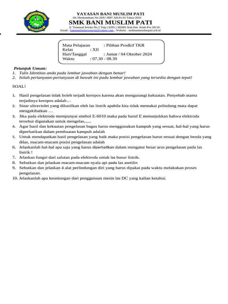 Soal Asts Gasal 2024 Pilihan Las Tkr | PDF