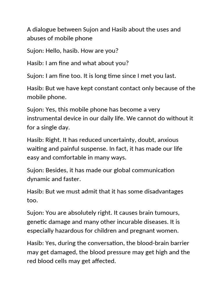 A Dialogue Between Sujon and Hasib About The Uses and Abuses of Mobile Phone | PDF
