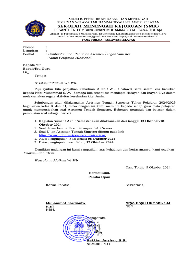 Surat Penyampaian Pembuatan Soal Sumatif Akhir Genap 2024 | PDF