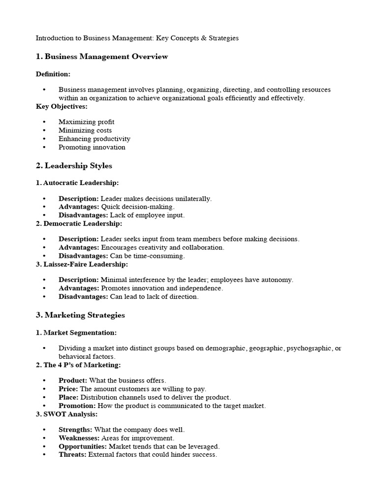 Introduction To Business Management - Key Concepts & Strategies | PDF ...