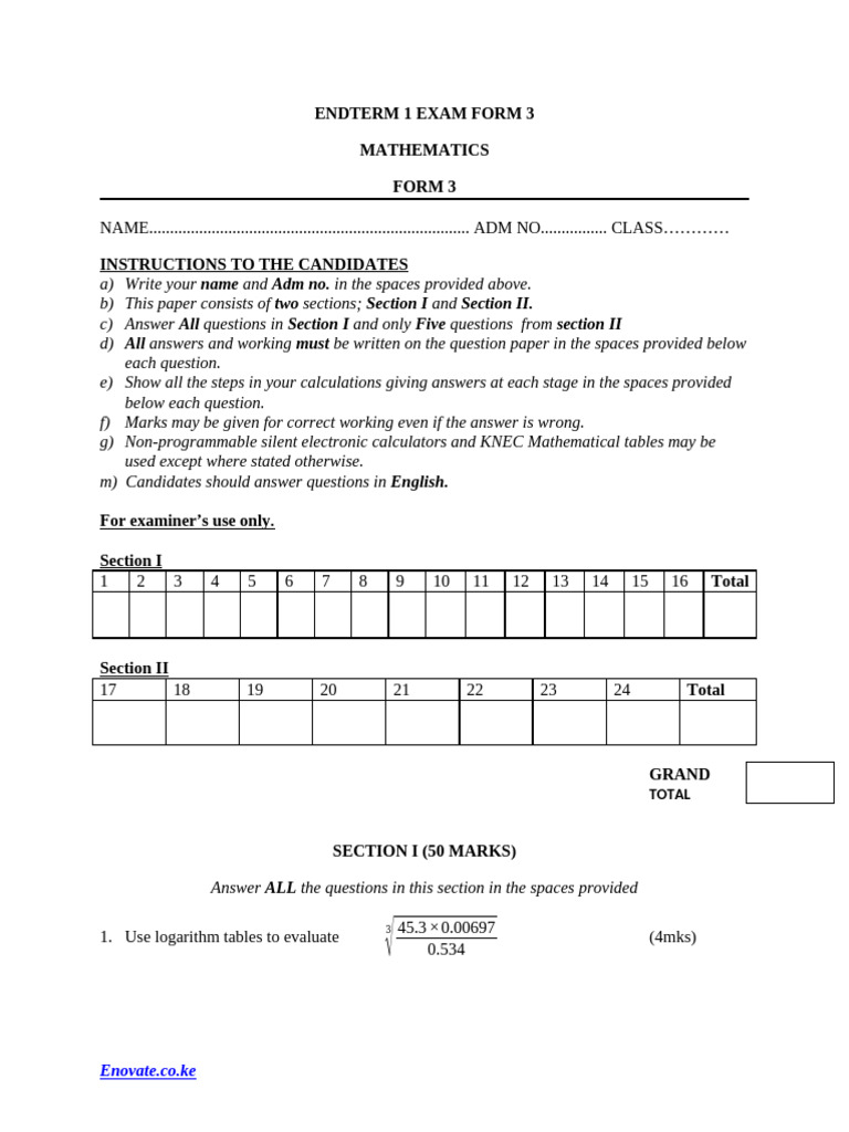Endterm 1 Exam Maths Form 3 Q PDF Circle Mathematics