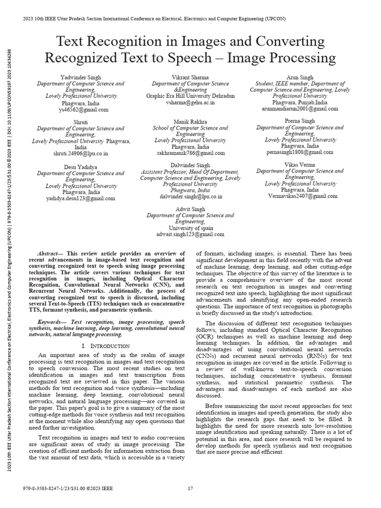 Text Recognition in Images and Converting Recognized Text To Speech Image Processing | PDF ...