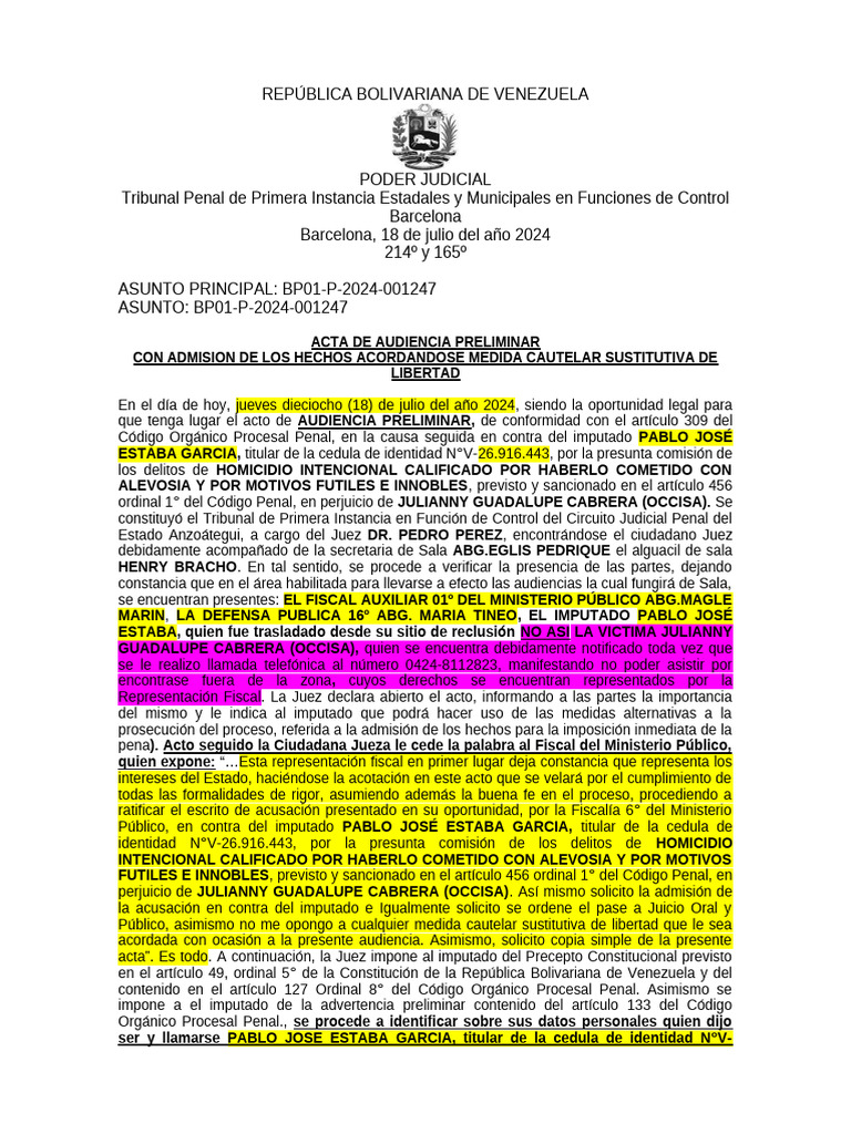 BP01-P-2024-001247 Admision | PDF | Mandato | Homicidio