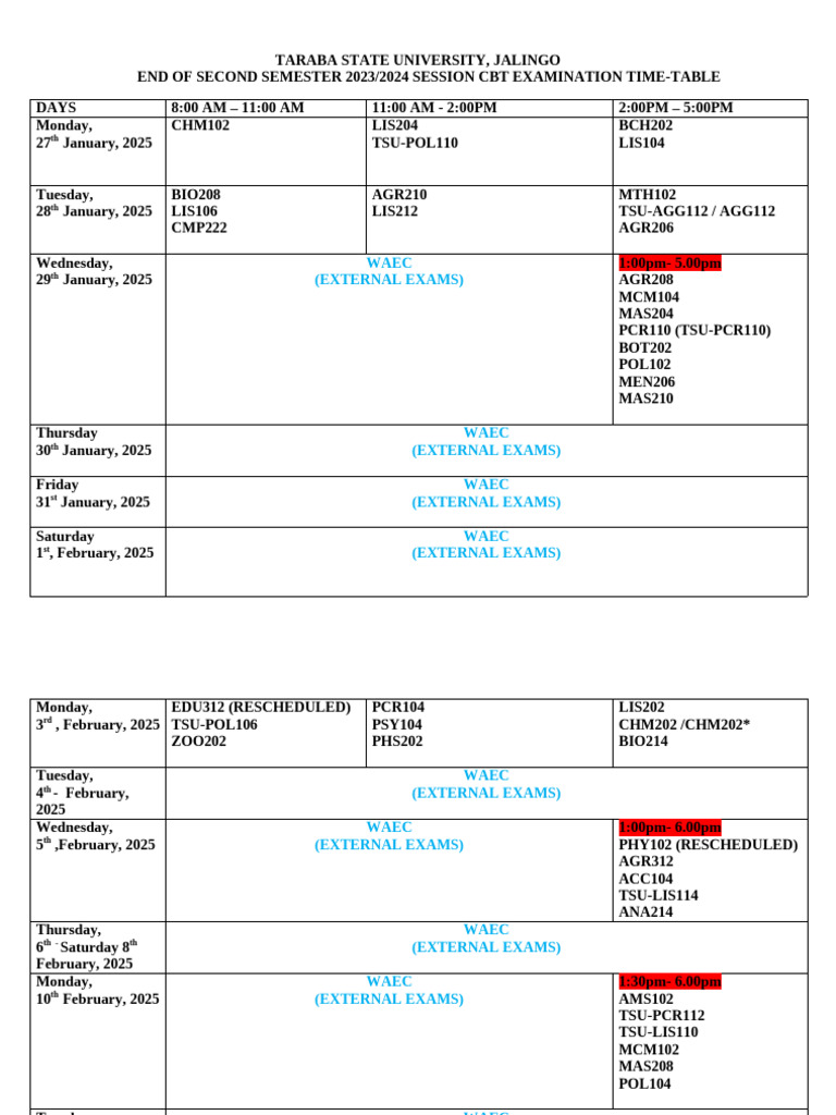 Rescheduled 2ND Semester CBT 2023 - 2024 Time-Table | PDF