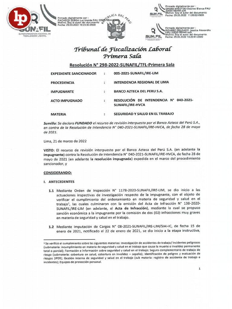 Resolucion 298 2022 Sunafil TFL Primera Sala LPDerecho | PDF