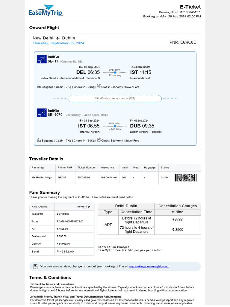 EaseMyTrip Flight E-Ticket For Flights | PDF | Travel Visa