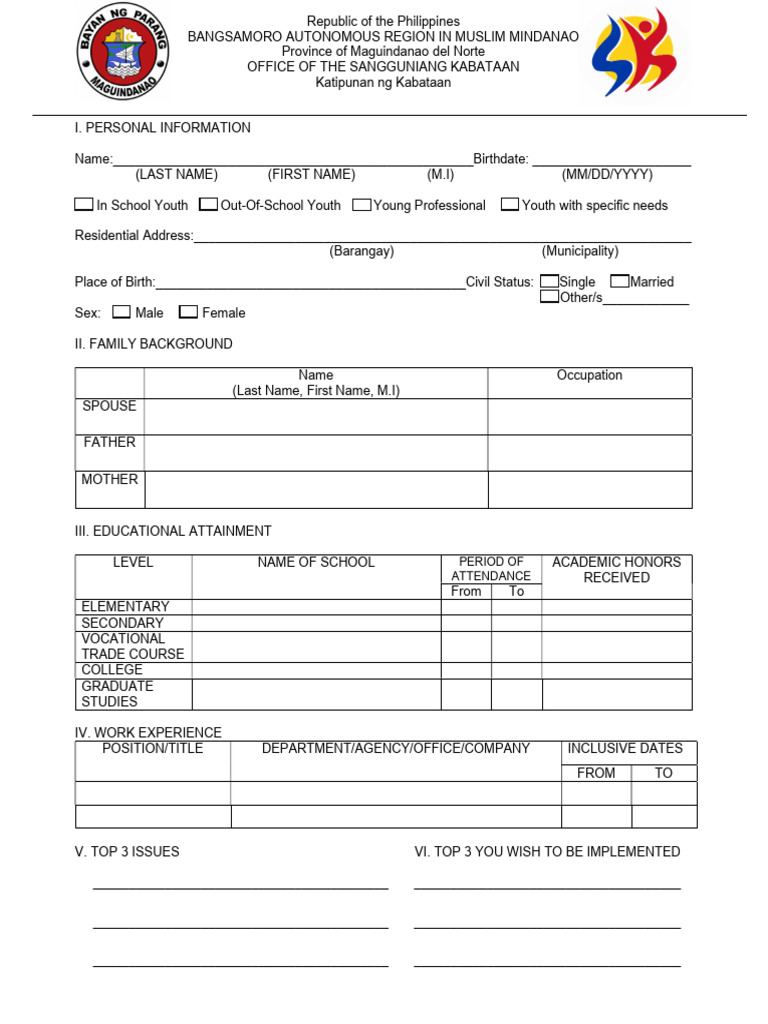 Youth Profiling Form Template | PDF