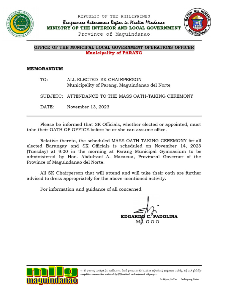 SK Oath-Taking Ceremony Notice | PDF