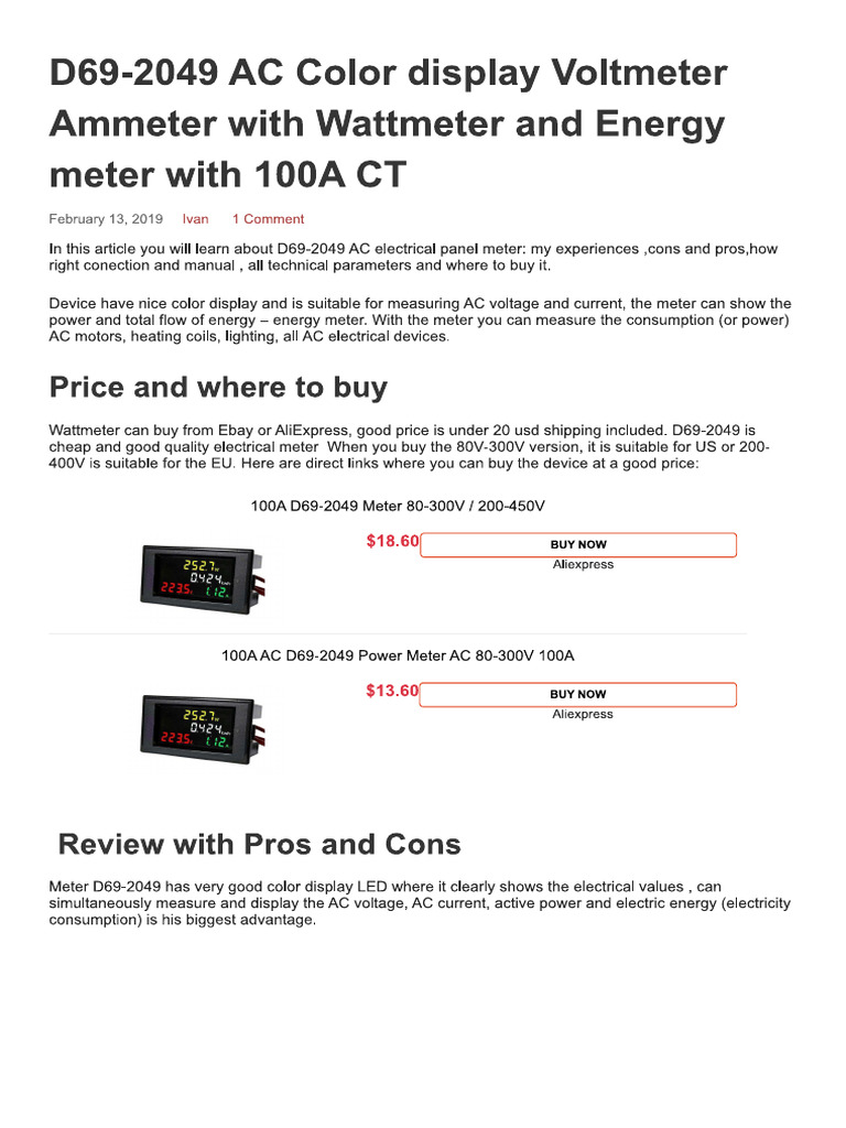 D69-2049 AC Color Display Voltmeter Amm... y Meter With 100A CT ...