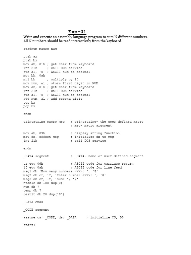 Assembly Program for Number Operations | PDF | Assembly Language | Ascii