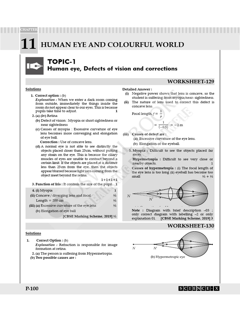 Solution - CBSE Worksheet 10th Science - Part B | PDF | Myopia | Eye
