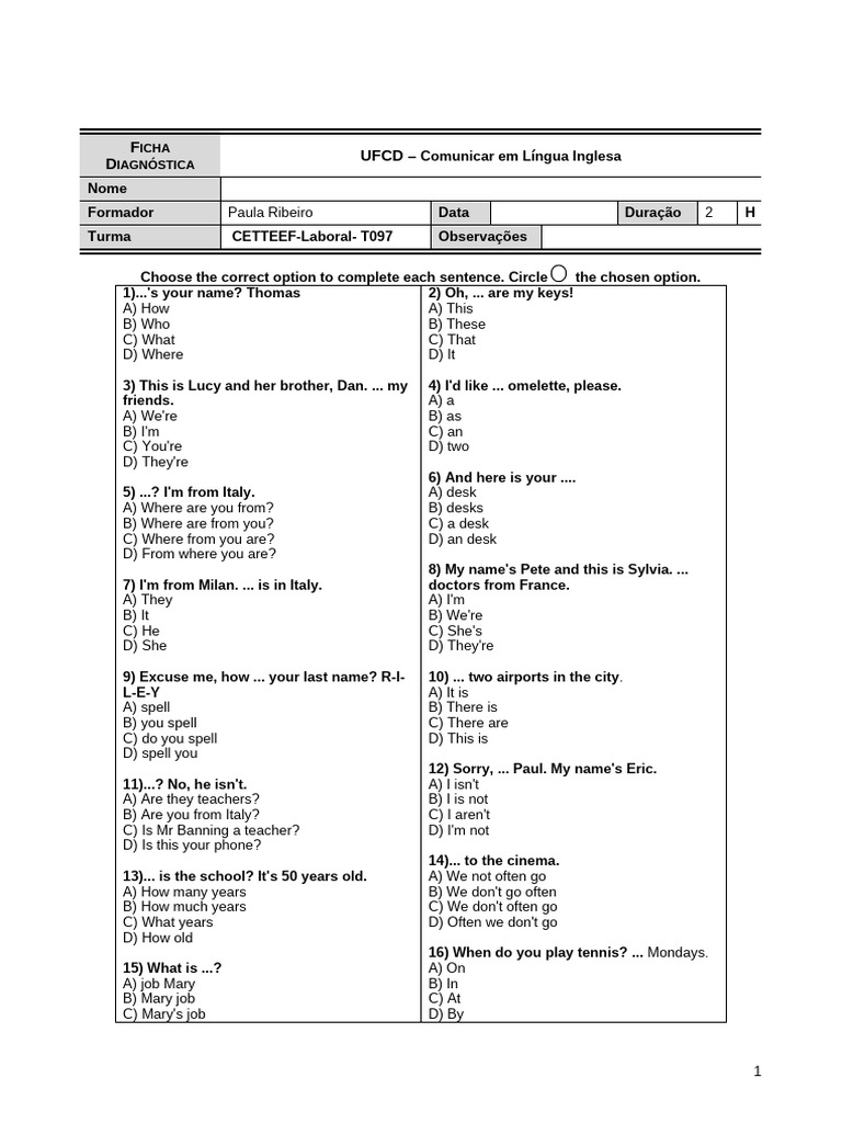 Diagnóstico Inglês | PDF