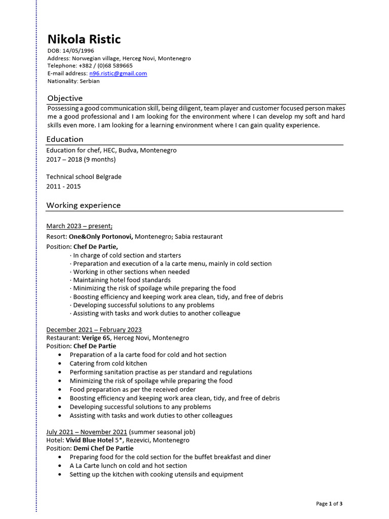 CV Nikola Ristic - ENG 2025 | PDF | Chef | Kitchen