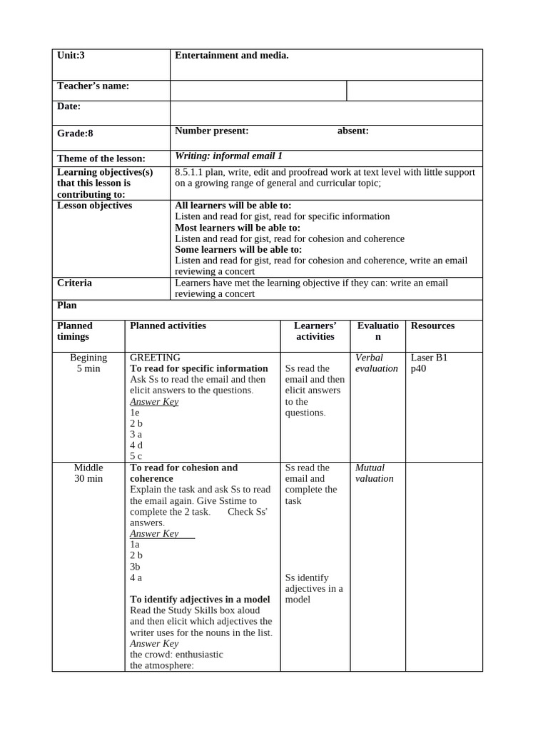 Grade 8 Lesson 8 Writing informal email 1 | PDF | Cognitive Science ...