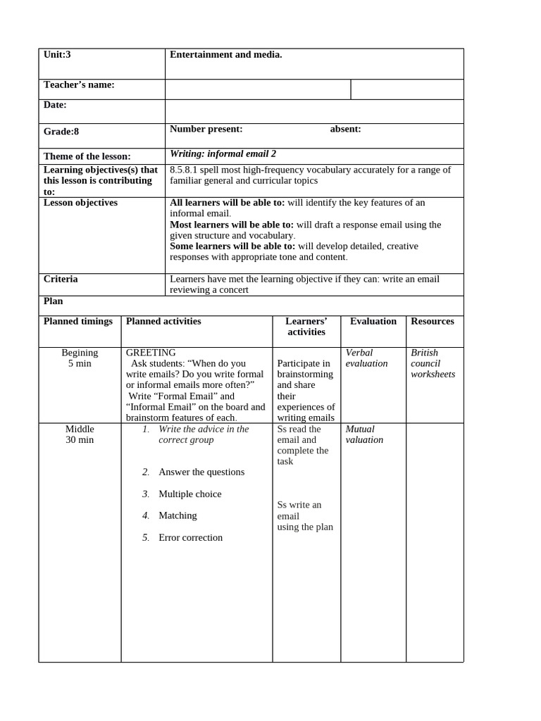 Informal Email Writing for Grade 8 | PDF | Educational Assessment ...