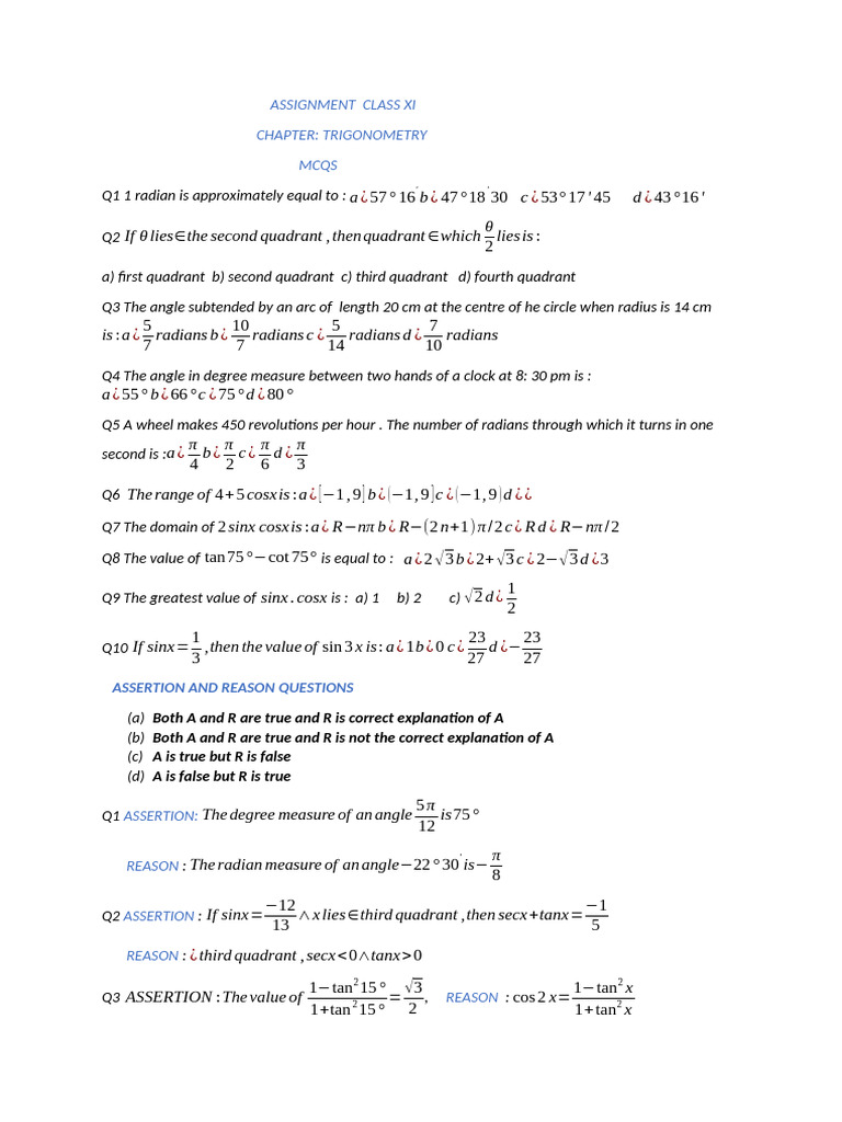 Assignment Class Xi Trigonometry | PDF | Angle | Trigonometry