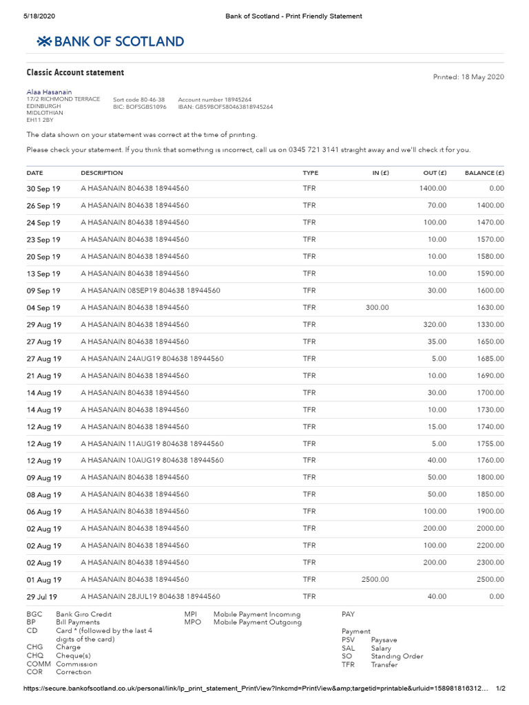 Bank of Scotland Statement Summary | PDF | Banks | Payments