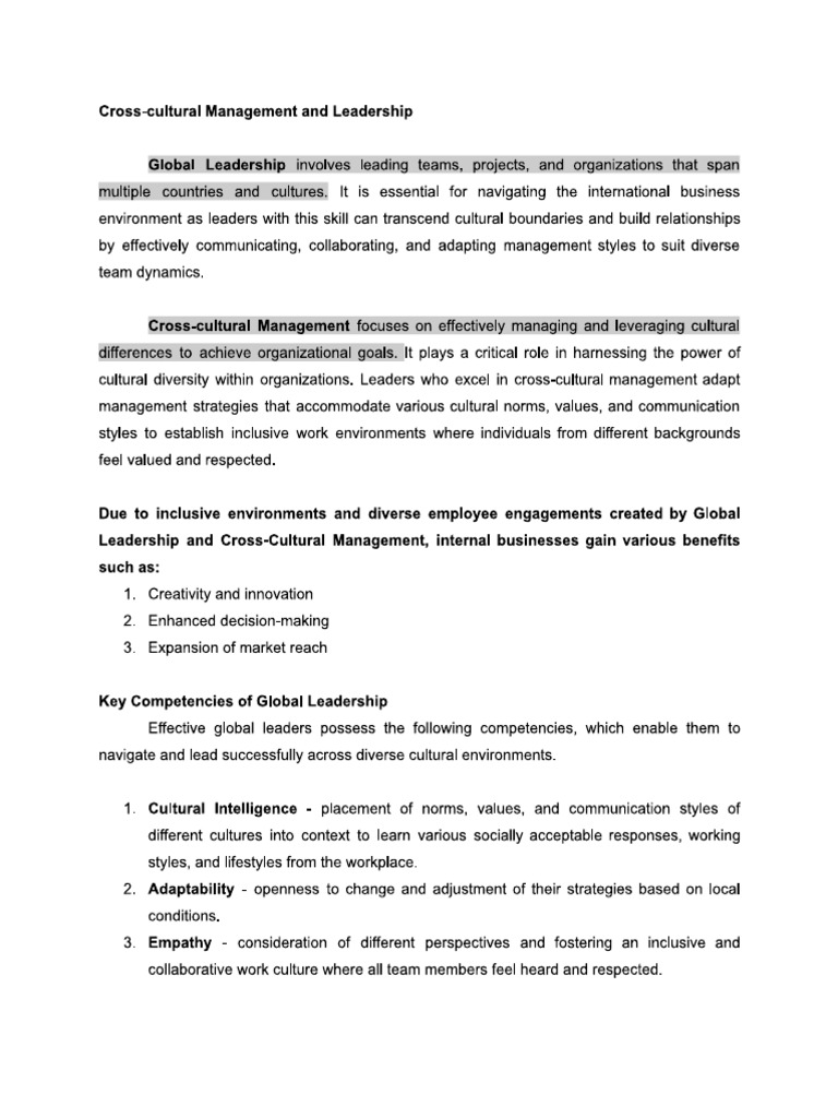 Global Leadership and Cross-Cultural Management | PDF