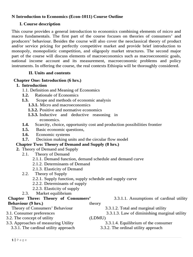 Introduction To Economics Course Outline Pdf Economics Supply And Demand