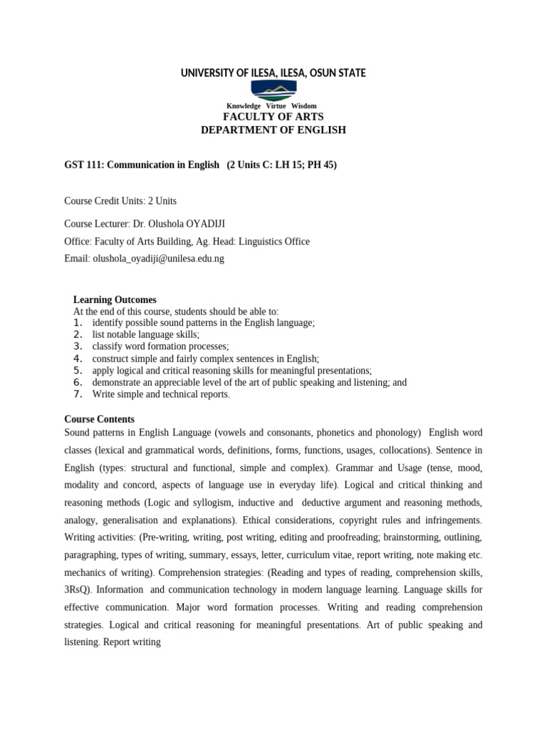 GST 111 Course Outline - 104220 | PDF | English Language | Word