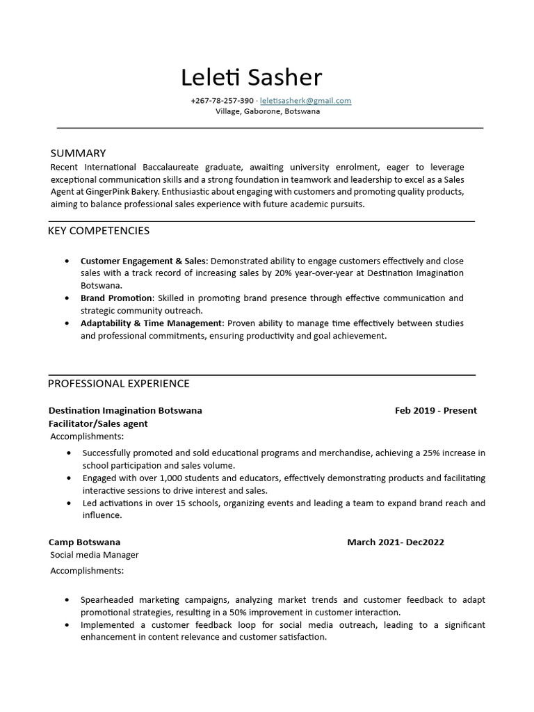 Sales Agent Resume for Leleti Sasher | PDF | Business Economics | Human ...