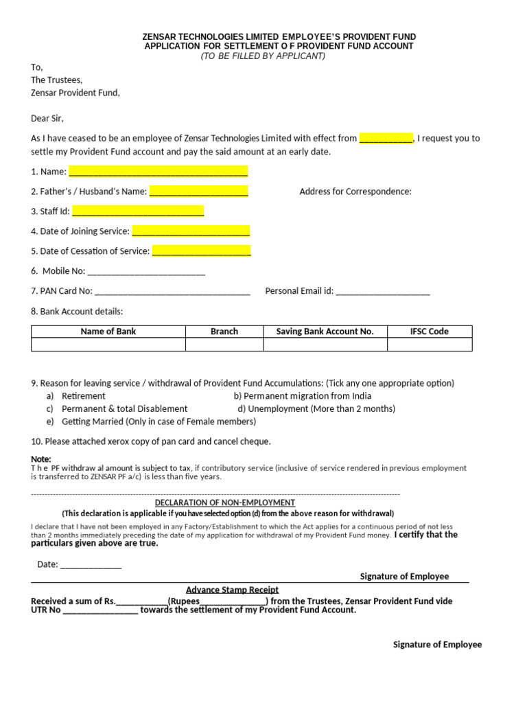 Zensar Technologies PF Settlement Form | PDF