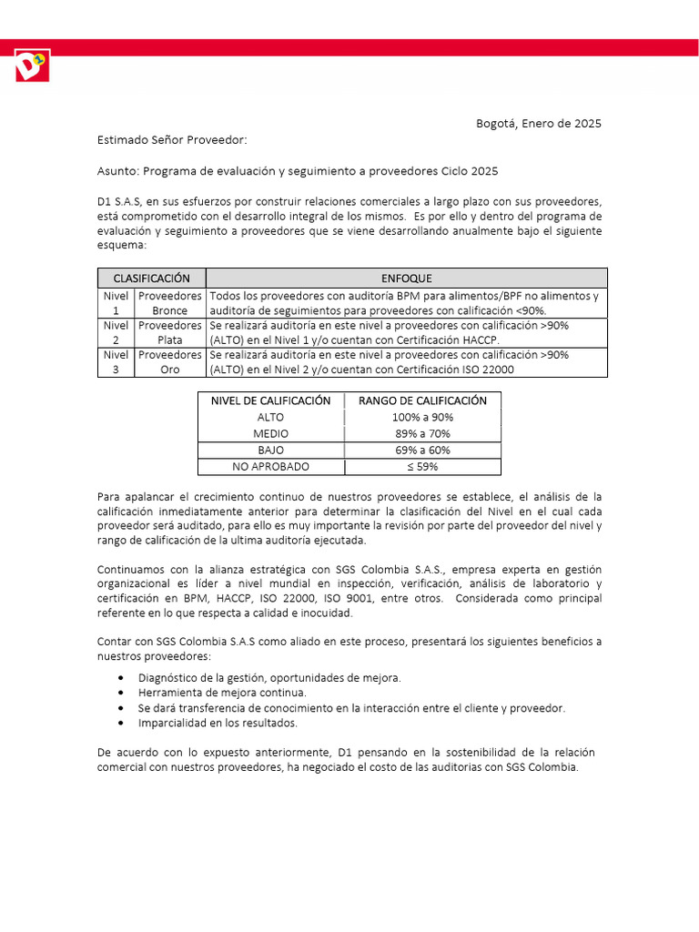 Comunicado Auditoría Calidad D1 2025 SGS | PDF | Análisis de Riesgo y Puntos Críticos de Control ...