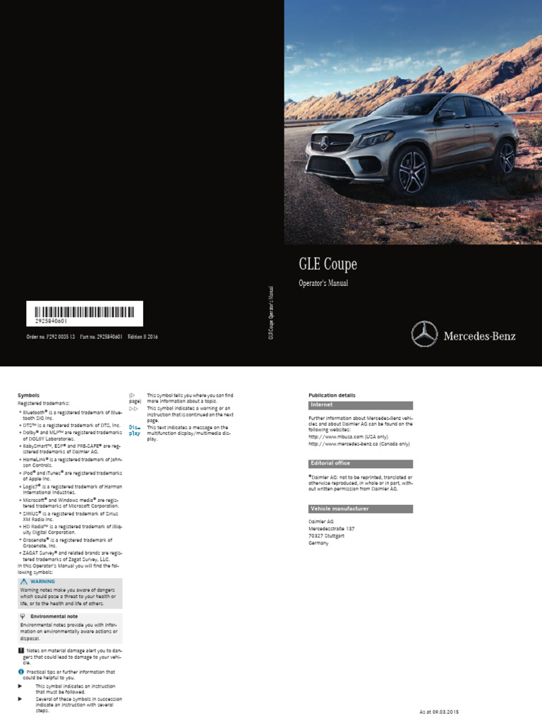 Mercedes Benz 2016 GLE-Coupe Owners Manual | PDF | Anti Lock Braking System | Mercedes Benz