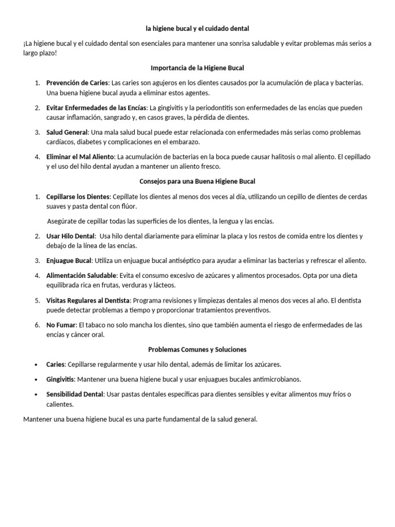 La Higiene Bucal y El Cuidado Dental | PDF | Higiene oral | Odontología