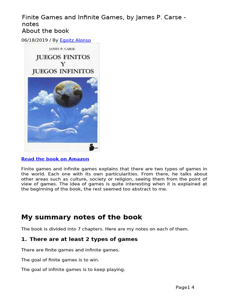 Finite and Infinite Games, by James P. Carse - Notes On The Book | PDF ...