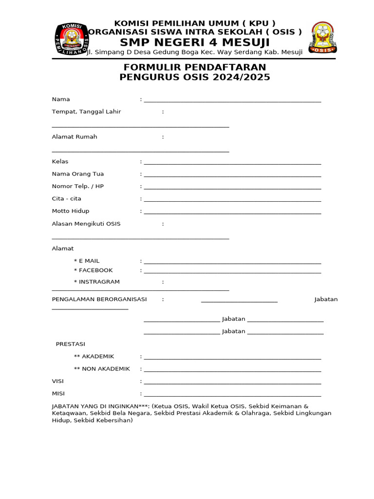 Formulir Pengurus Osis | PDF