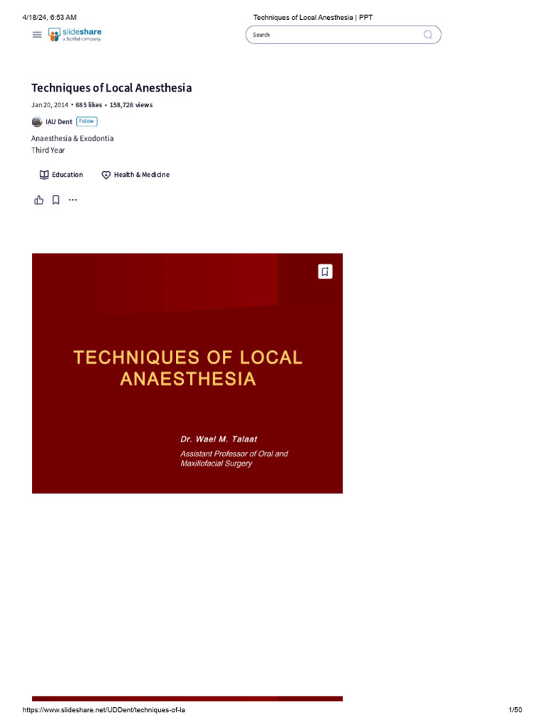 Techniques of Local Anesthesia | PDF | Human Anatomy | Human Head And Neck