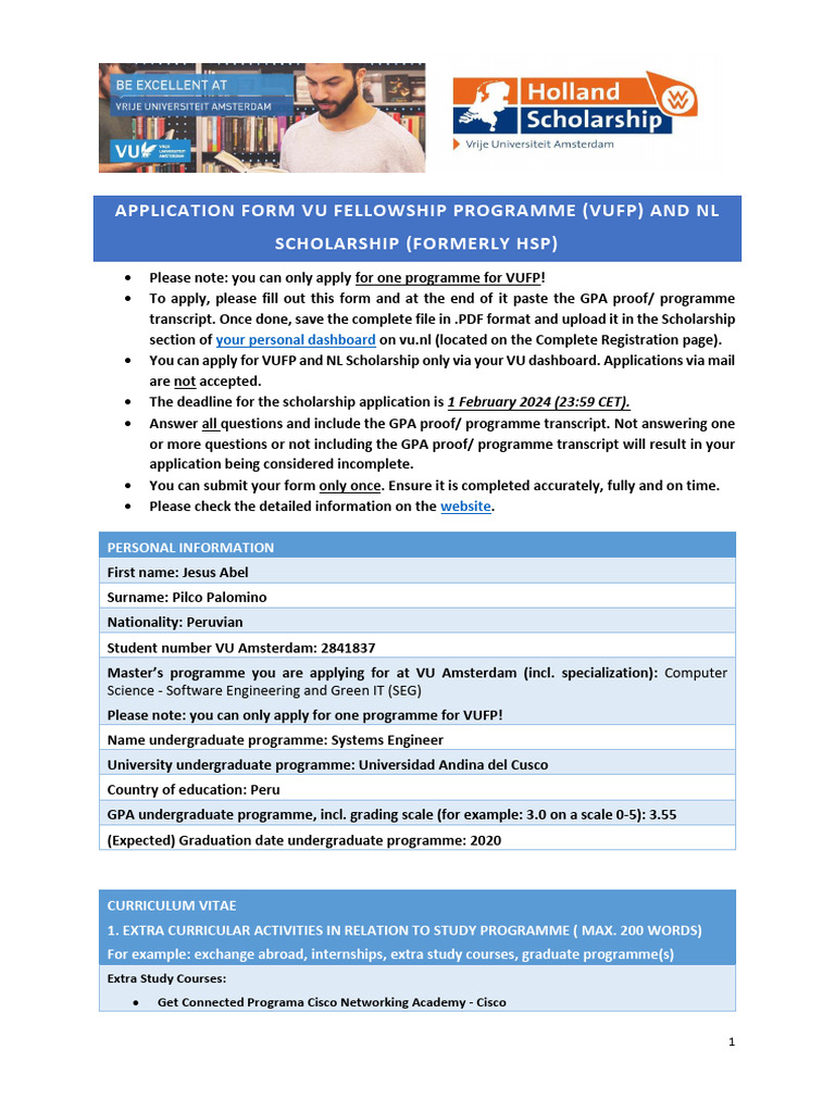 VUFP and NL Scholarship Application Form 2024 | PDF | Master's Degree