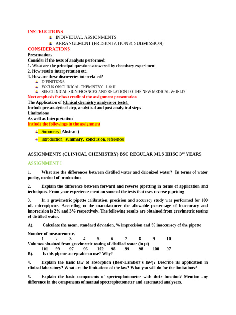 Assignments Clinical BSC Regular 3rd Years MLS Clinical Chemistry | PDF | Spectrophotometry ...