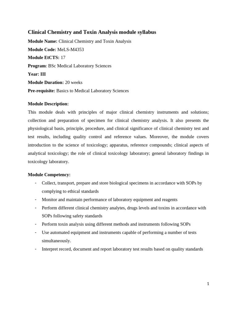 Clinical Chemistry and Toxin Analysis Module Syllabus | PDF | Enzyme | Toxicology