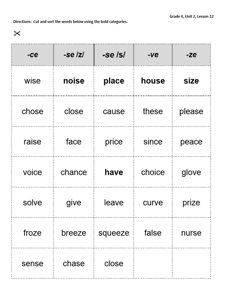 Grade 4.2 Lesson 12 Word Endings (-Ce, - Se, - Ve, - Ze) Partner Word ...