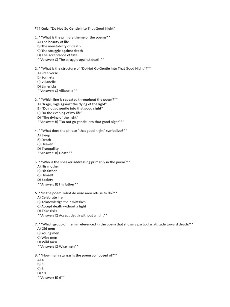 Quiz On Dylan Thomas' Do Not Go Gentle Into That Good Night | PDF | Poetry